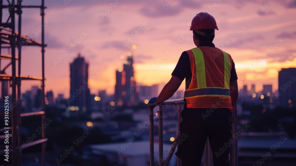 Engineer standing on scaffolding, checking the alignment of beams, with ...