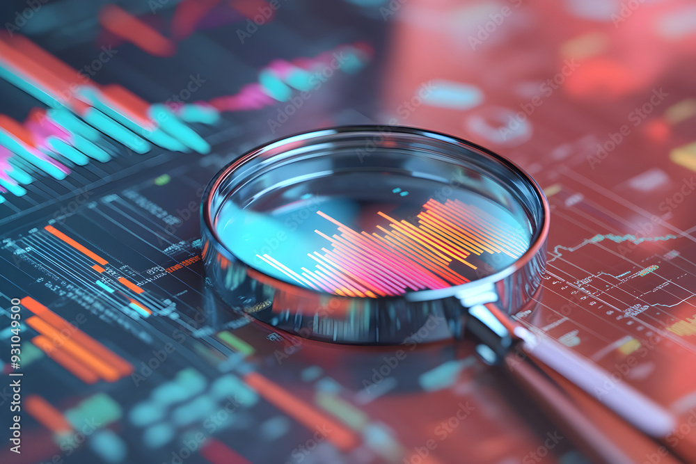 Retro vinyl record spinning on a turntable with a magnifying glass on ...