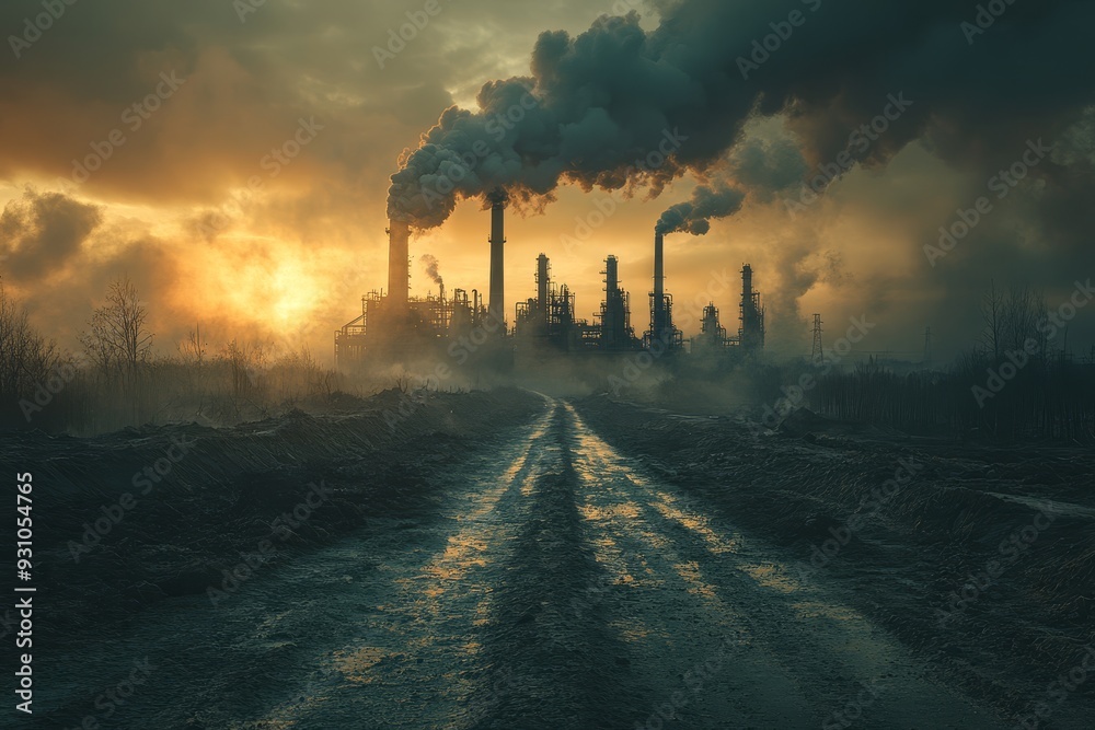 An image of a factory emitting large amounts of sm 872 sunset, sky ...