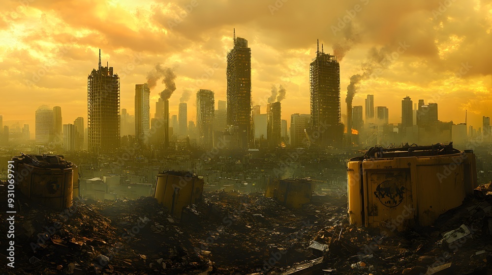 77. A dystopian setting with toxic waste containers and pollution ...