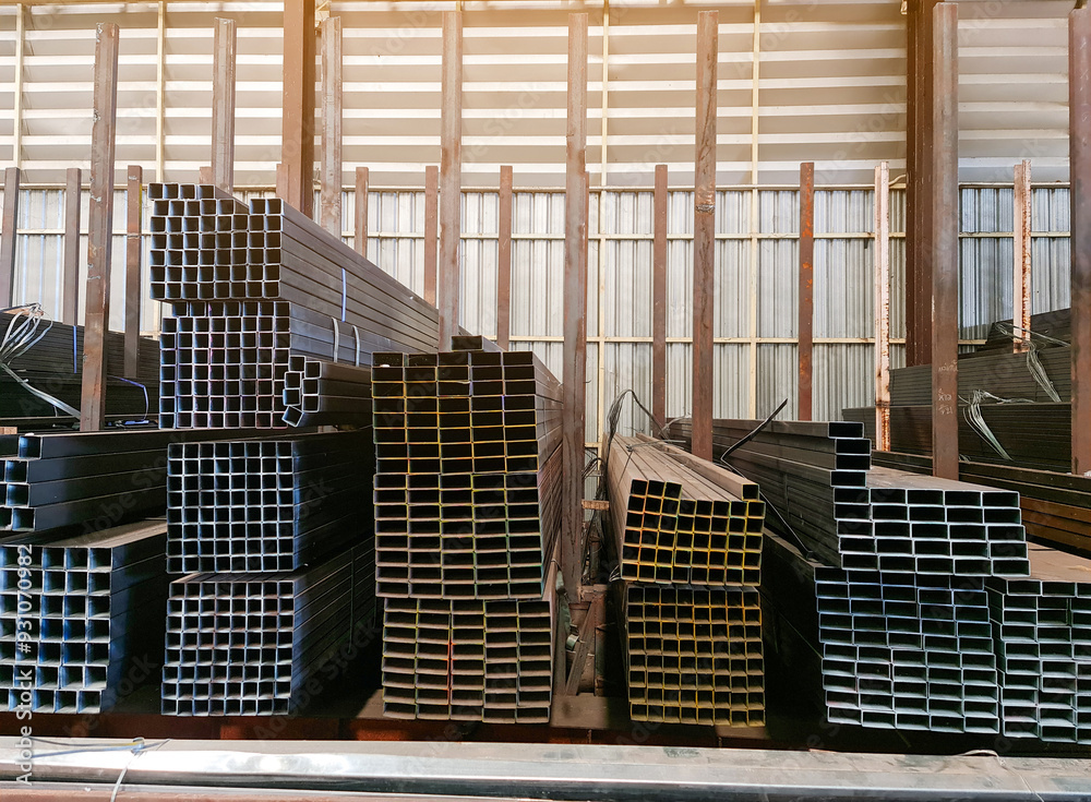 Structural Steel and Steel Tubes concept. Stacked building materials or ...
