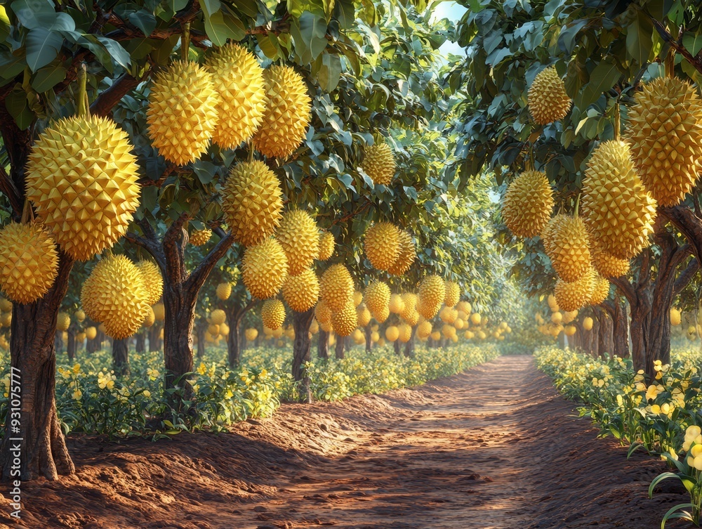 Durian orchard with trees full of ripe durians 3D 235 fruit, food ...