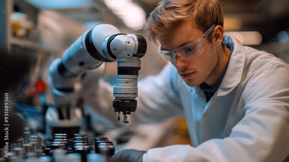 Robotic engineer programs a robot arm in a space research lab. with an ...