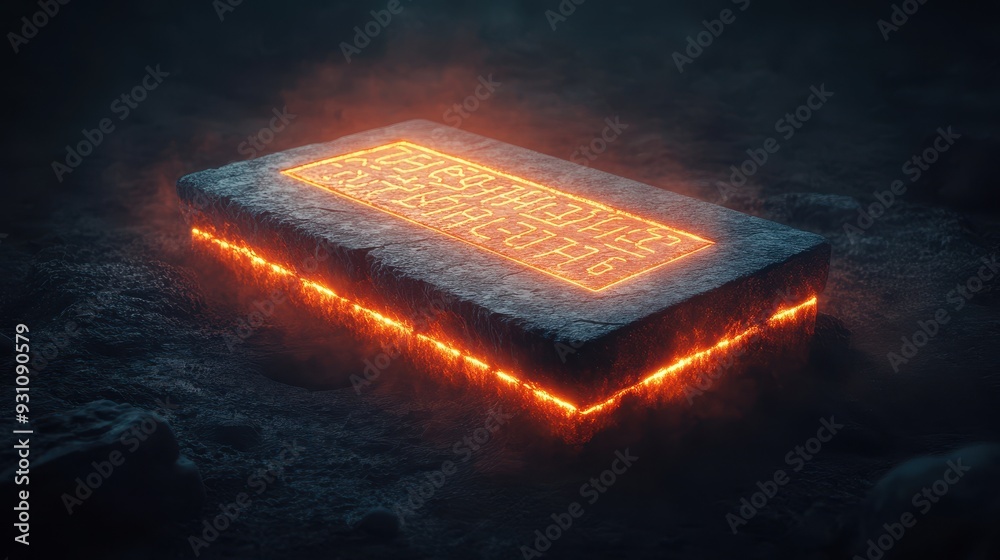 A glowing stone tablet surrounded by lava, evoking ancient mysteries ...