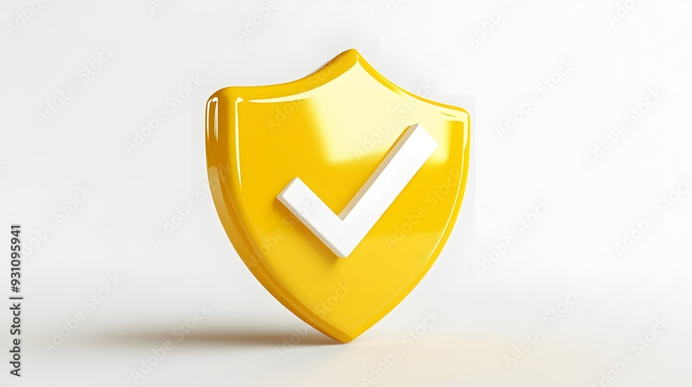 cartoon 3d Icon safety shield check mark perspective . yellow symbol ...
