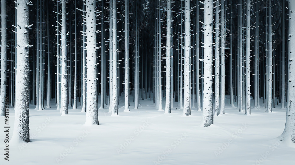 Snowcovered forest, tall pine trees, side view, representing winter ...