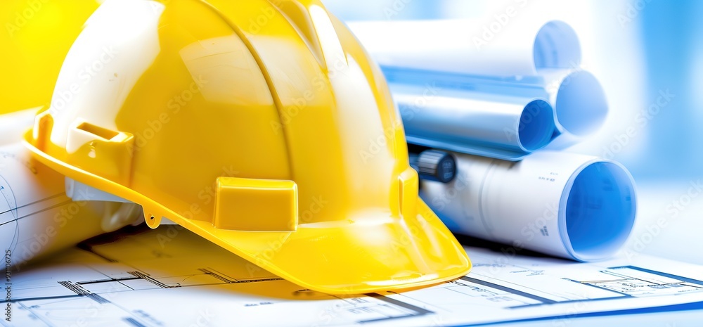 A yellow hard hat on top of blueprints and other construction plans, a ...