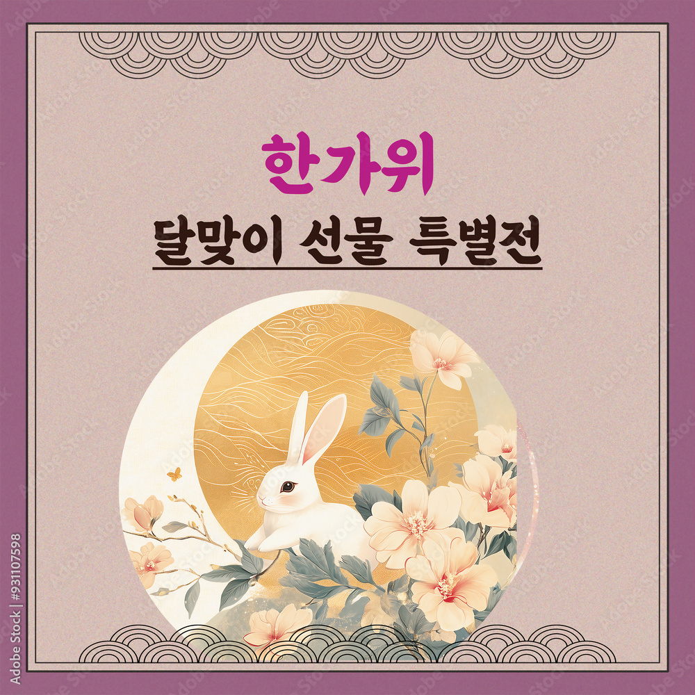 Chuseok, traditional Korean holiday purple template with a rabbit ...