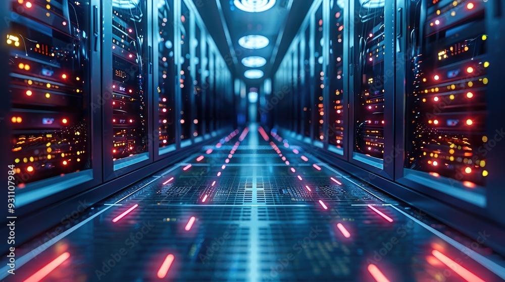 In a modern server room, an internet LAN cable is used for storing and ...