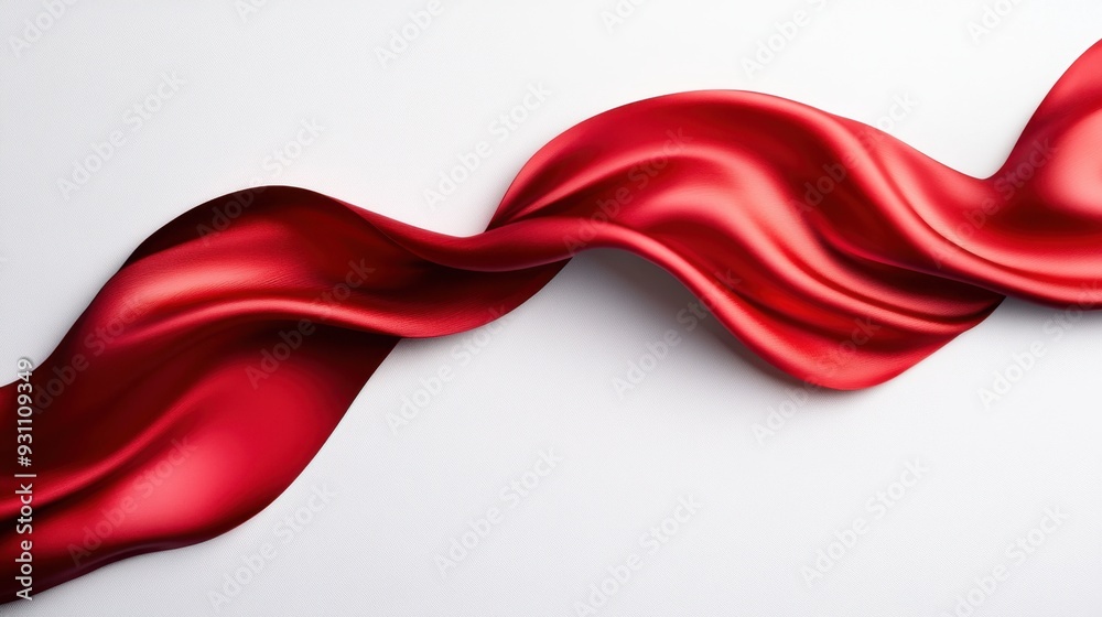 A flowing red ribbon elegantly twists and turns against a clean white ...