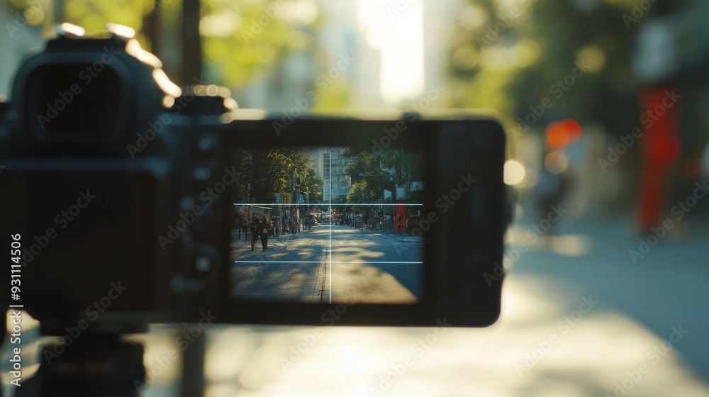 Video camera viewfinder frame overlay on a blurry scene with focus ...