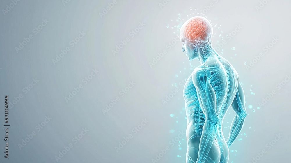 An educational 3D scene illustrating muscle pain triggers, such as poor ...