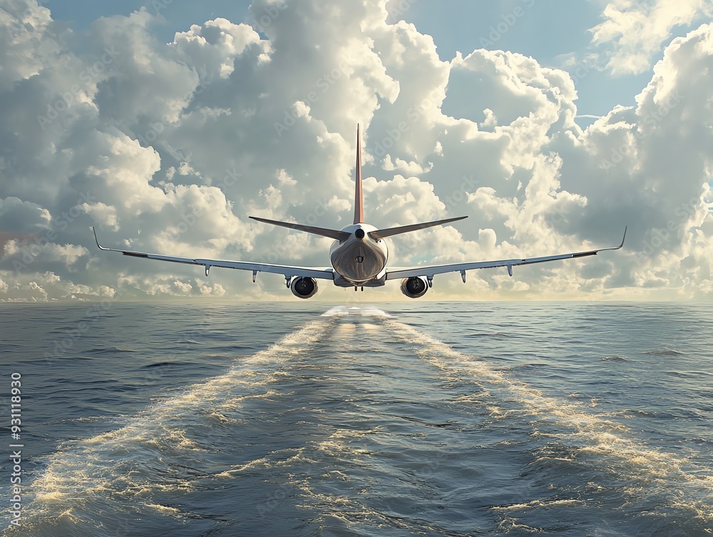 Artistic rendering of an airplane flying low over the sea, approaching ...