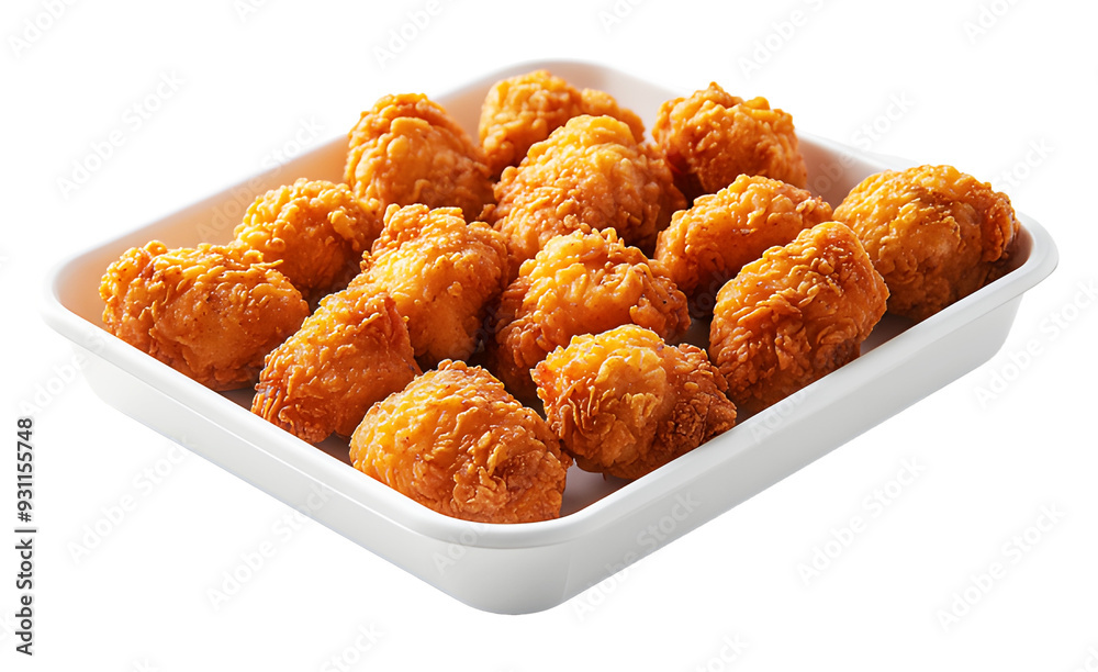 Top view yellow gold fried chicken nuggets crispy in white plastic box ...