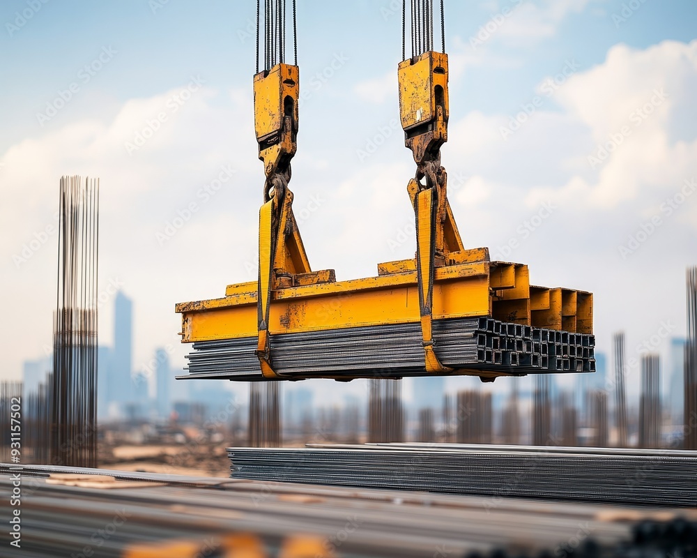 Crane lifting steel beams at a construction site. The beams are being ...