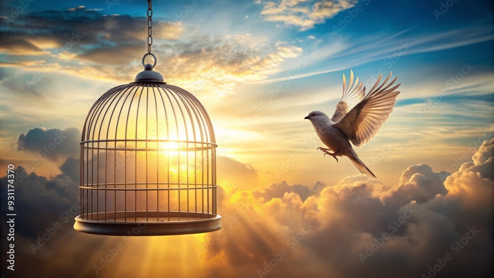 Flying bird escaping from an open cage symbolizing freedom and ...