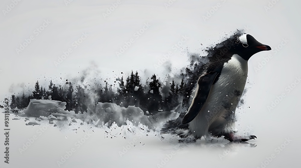 A penguin moving forward, its silhouette filled with the frigid waters ...