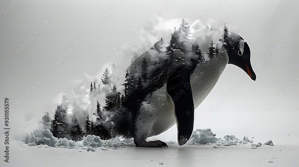 A penguin moving forward, its silhouette filled with the frigid waters ...