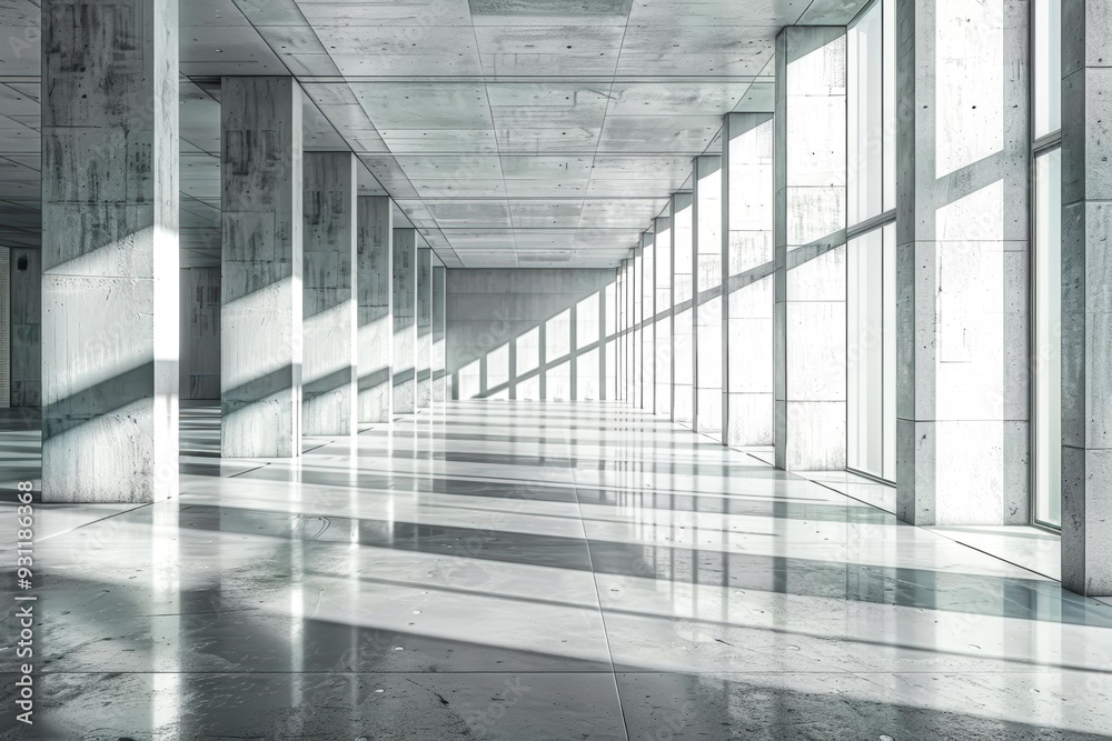 Modern industrial interior with large floor-to-ceiling windows casting ...