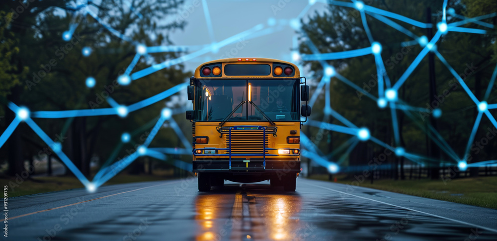 Yellow school bus on a wet road with digital network connections ...