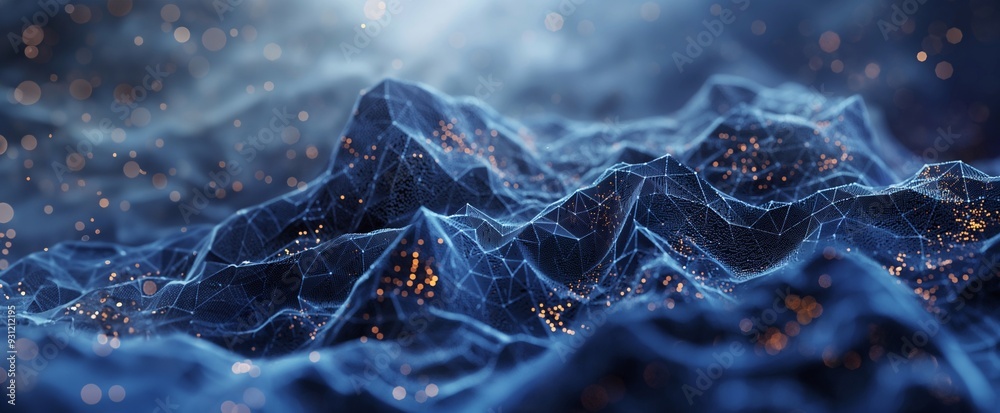 Abstract blue background showing a mountainous landscape made of lines ...