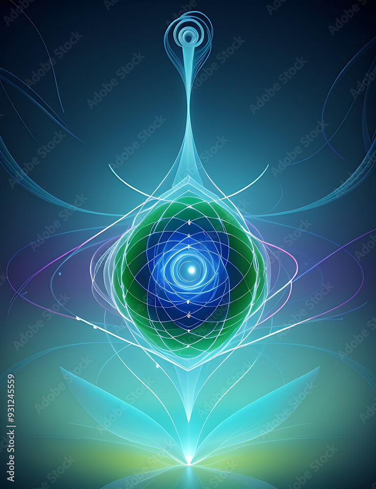 An abstract design exploring the concept of quantum computing, with quantum particles, entangled ...