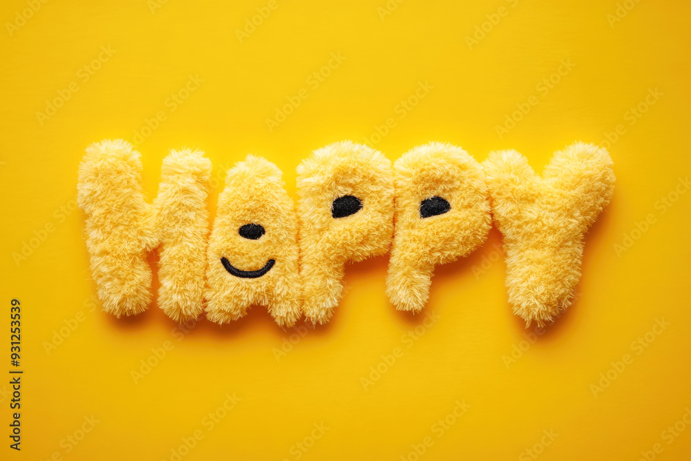 Fuzzy yellow 'HAPPY' text on a bright yellow background that conveys a ...