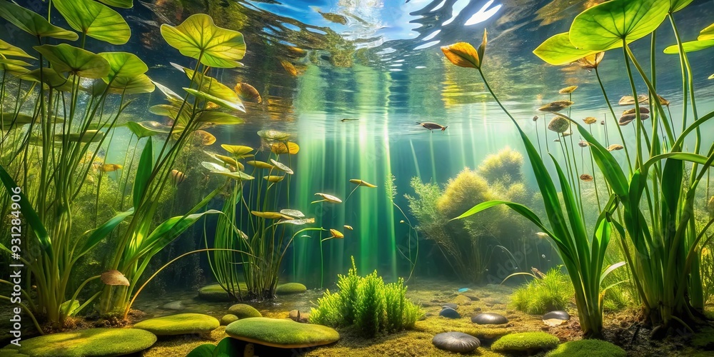 Underwater view of thriving aquatic plants in a clear pond, showcasing ...