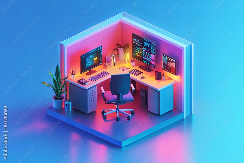 Create an isometric office scene inside a cube, showcasing a modern ...