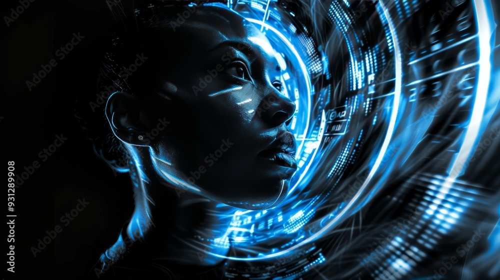 Futuristic portrait exploring past for future impact in silver neon ...