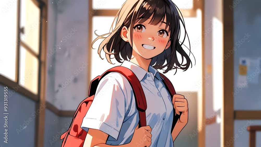 Anime illustration of a happy young girl carrying a school bag on her ...
