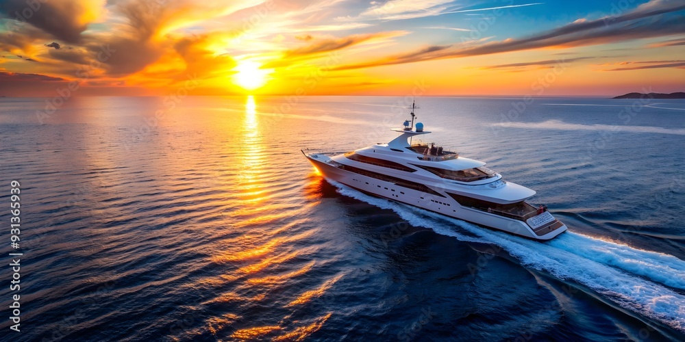 Aerial view of luxury yacht cruising in deep blue open ocean during ...