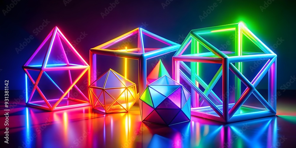 Luminous geometric shapes in vibrant RGB colors, creating a volumetric ...