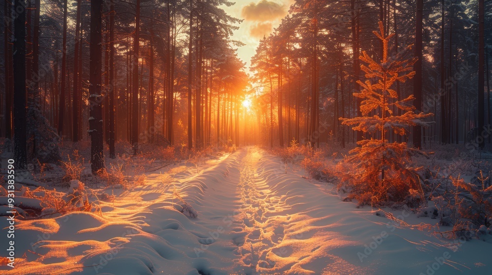Sunrise in a snowy forest with tracks on a winding path through tall ...