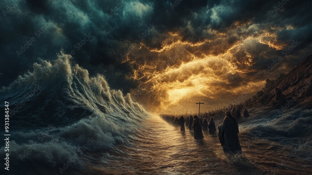 A detailed photograph depicting the biblical moment when Moses raises ...