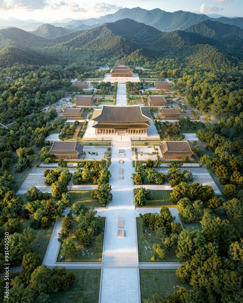 ภาพถ่าย Stock Realistic aerial image of a traditional Korean palace ...