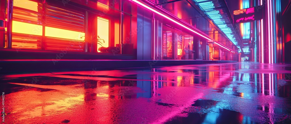 Synthwave-inspired street scene neon signs and glowing lights ...