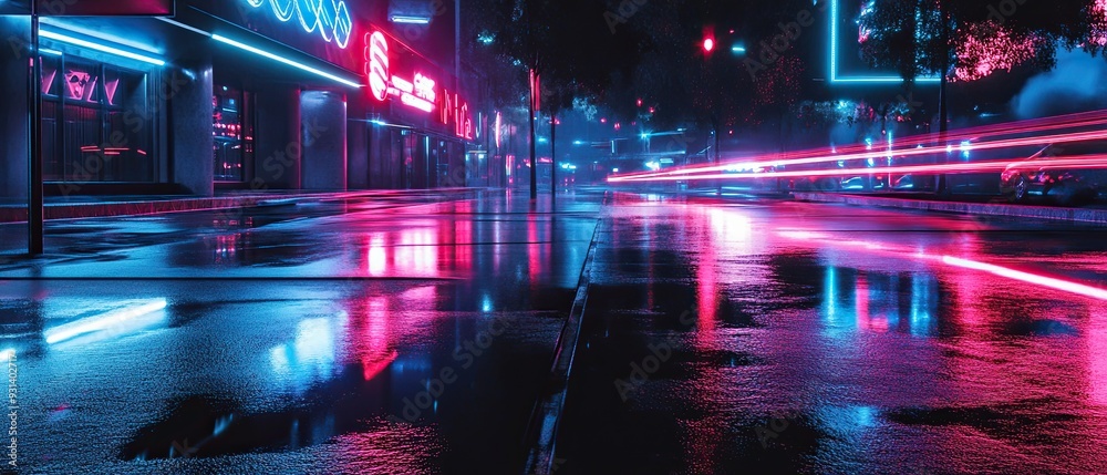 Synthwave-inspired street scene neon signs and glowing lights ...