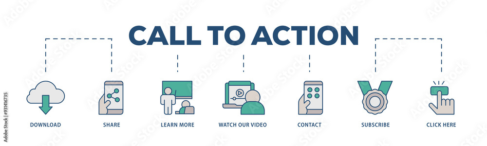 Call to action icons process structure web banner illustration of click ...