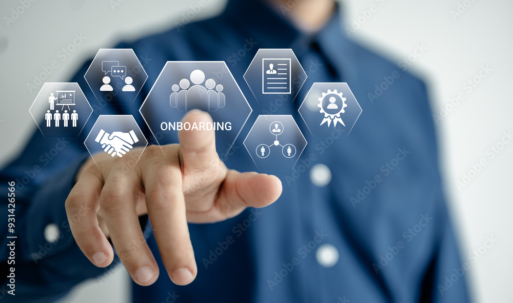 Businesswoman with virtual icon, HR, Process of introducing a newly ...