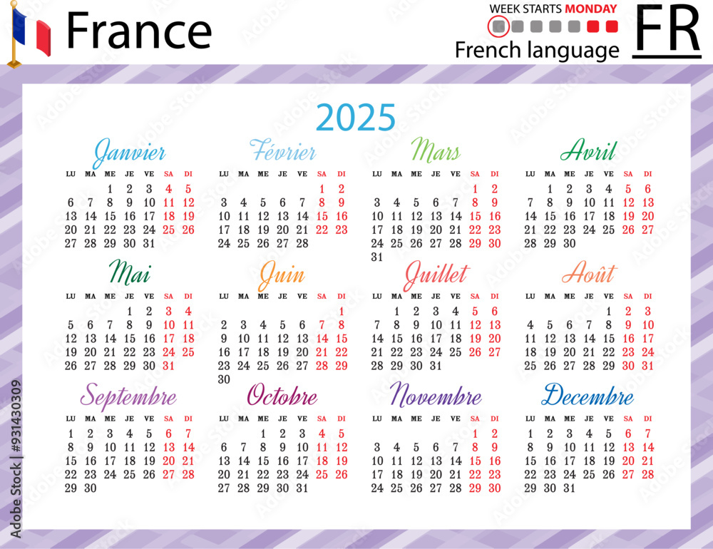 French horizontal pocket calendar for 2025. Week starts Monday Stock ...