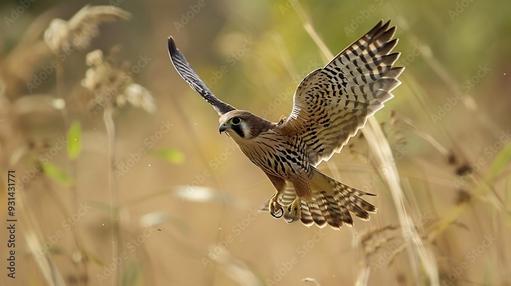 Kestrel hovering in midair its sharp eyes scanning the ground for prey ...