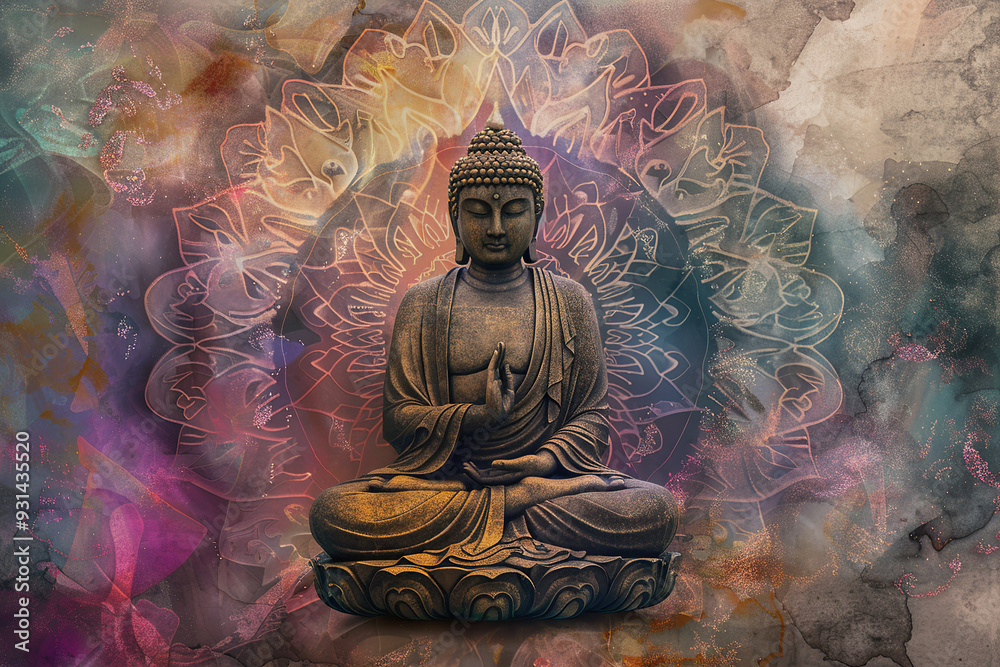 Beautiful greeting card with ancient statue great Buddha to bright ...