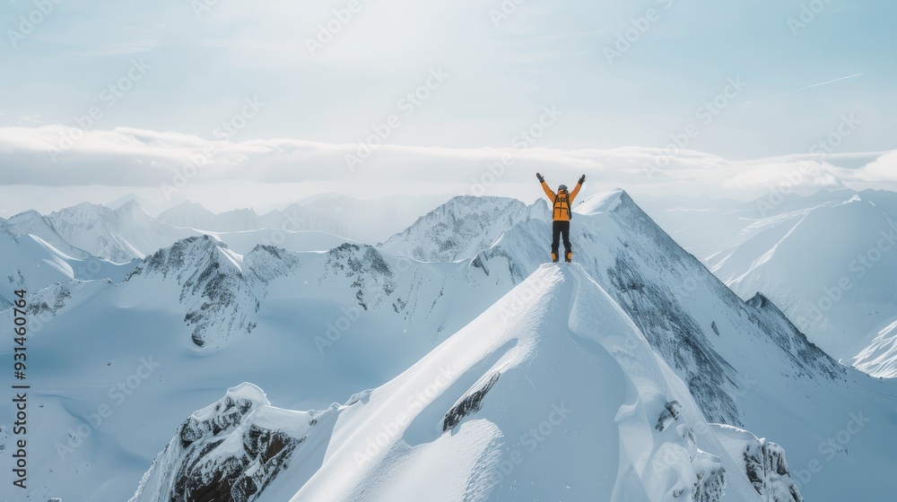 A triumphant explorer stands atop a snowy mountain peak with arms ...