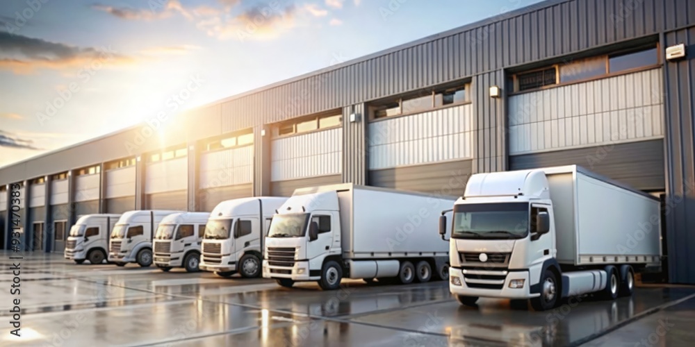 Foto "Transport Trucks at Factory Warehouse" - A factory warehouse with ...