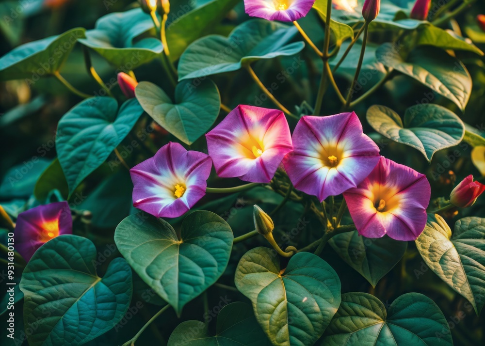 Delicate pink morning glory flowers with heart-shaped petals and yellow ...