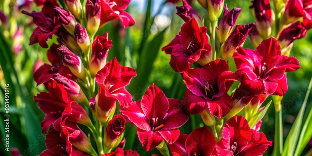 Vibrant red gladiolus blooms with delicate, sword-like stem shoot ...