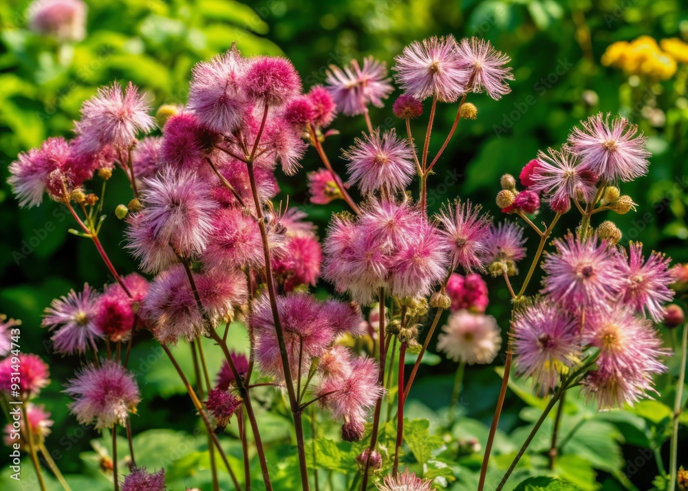 Delicate clusters of fluffy pink flowers in flat-topped panicles bloom ...