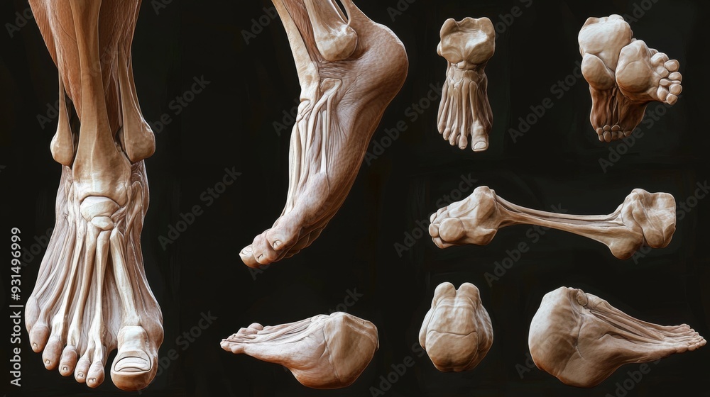 Close-up of a human foot in various angles, highlighting the arches ...