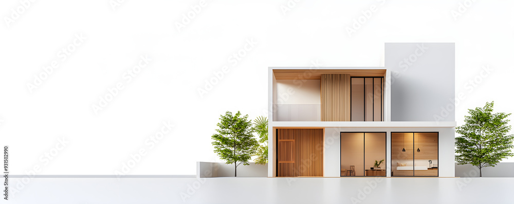 3D rendering of a modern home cross-section, showcasing minimalist ...